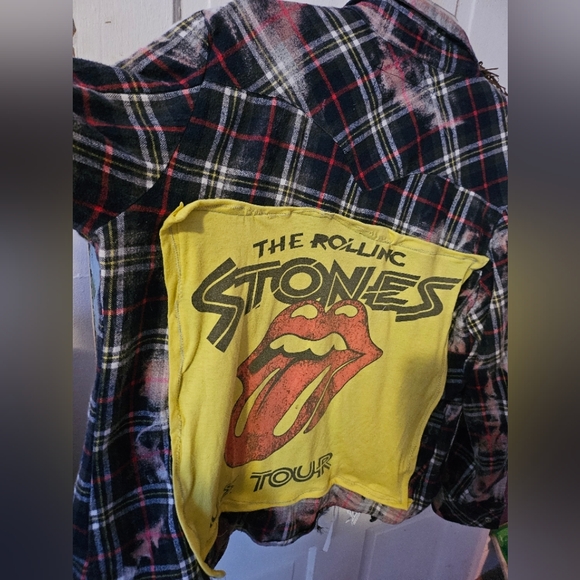 Tops | Upcycled Flannel With Rolling Stones Concert Tee Hand Sewn And ...